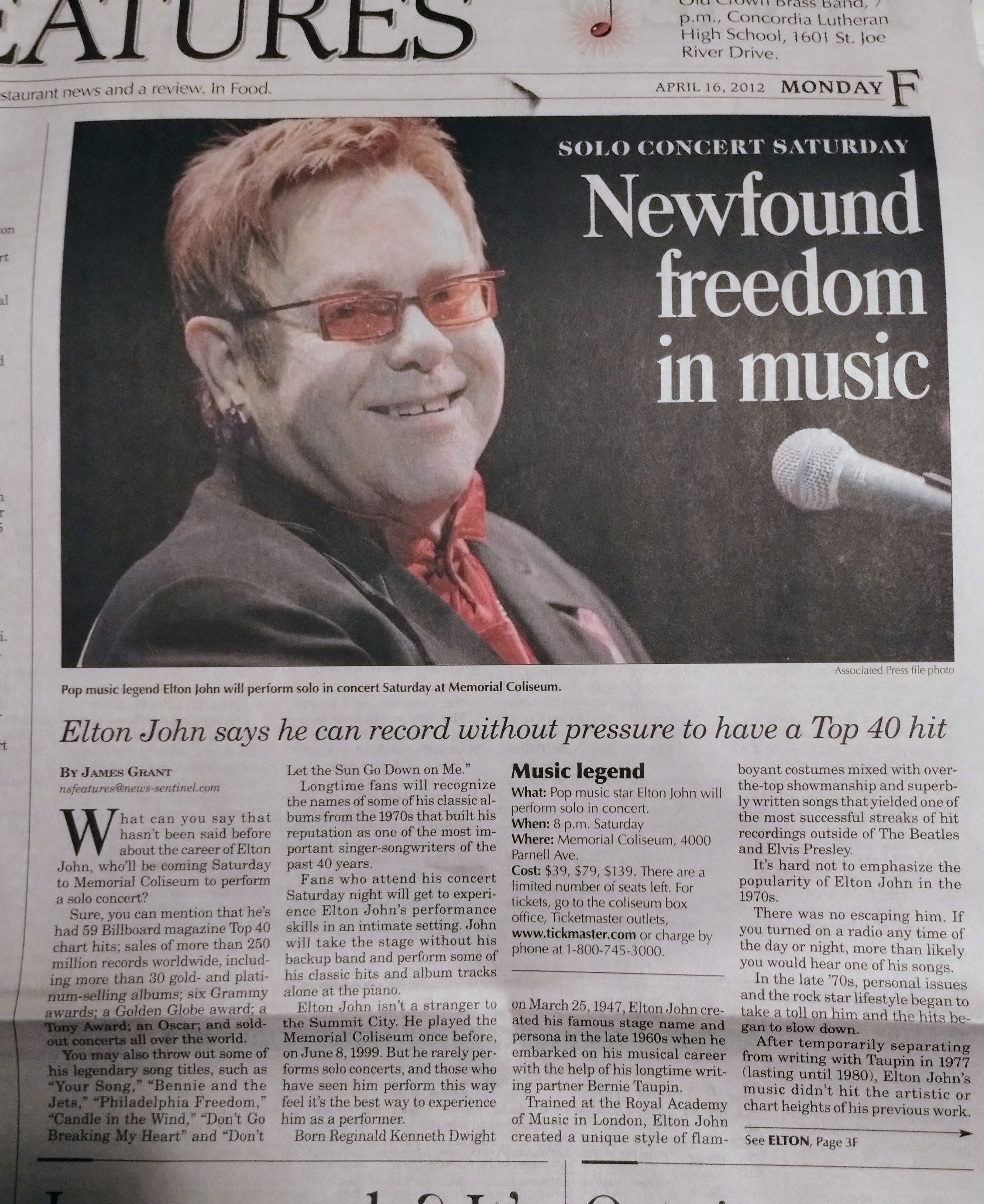 Flashback: My Newspaper Preview and Review of Elton John Live in Fort ...